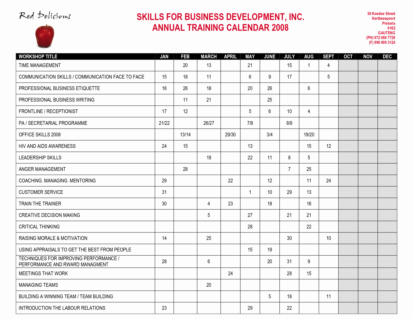 Annual Training Plan Template Annual Training Plan Template