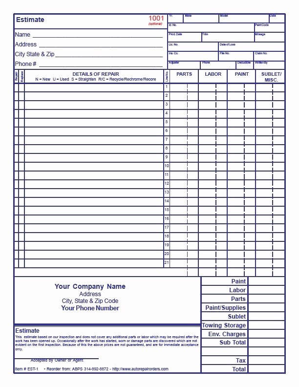 Auto Body Estimate Template