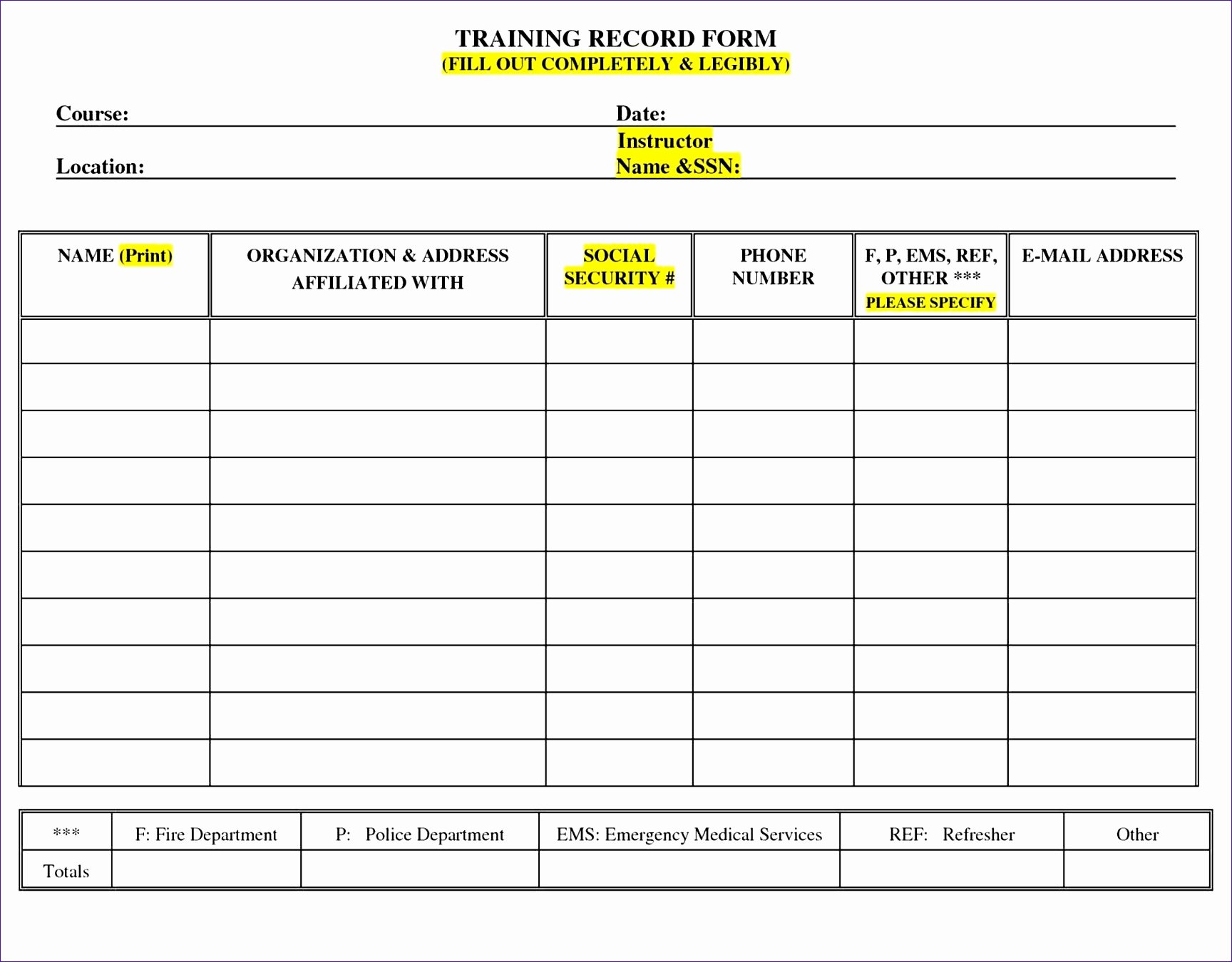 Employee Training Record Template Excel