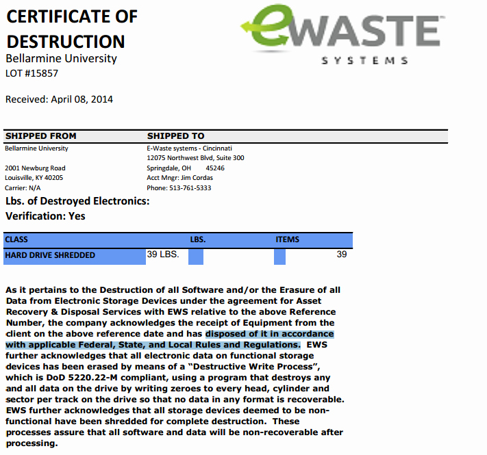 Hard Drive Destruction Certificate Template