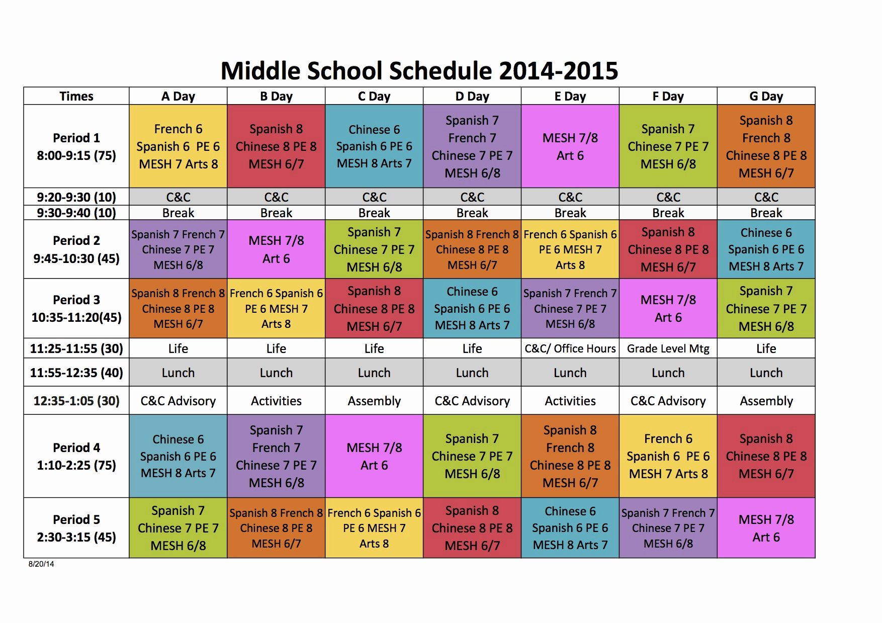 Middle School Schedule Template Shooters Journal
